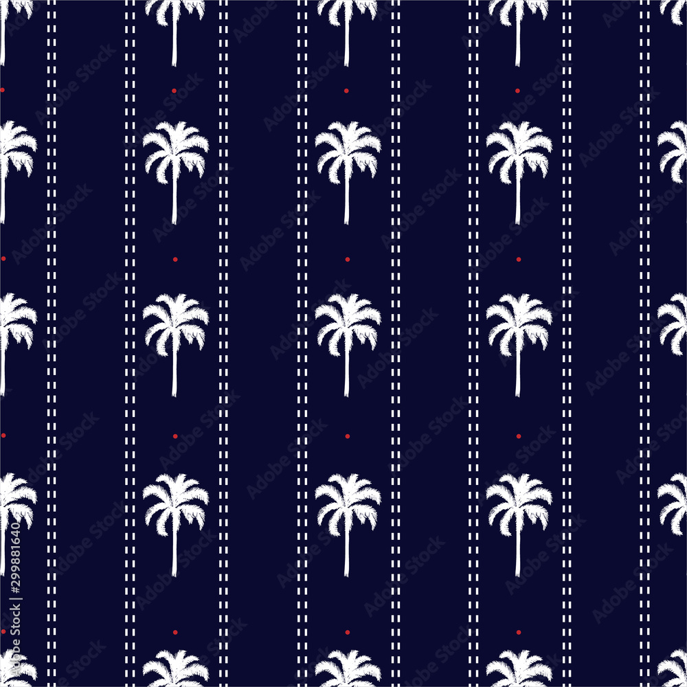 Striped palm tree with dash line and small red dots seamless pattern ...