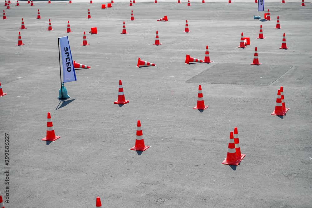 Traffic cone are arrange on the TestDrive road. Stock Photo | Adobe Stock