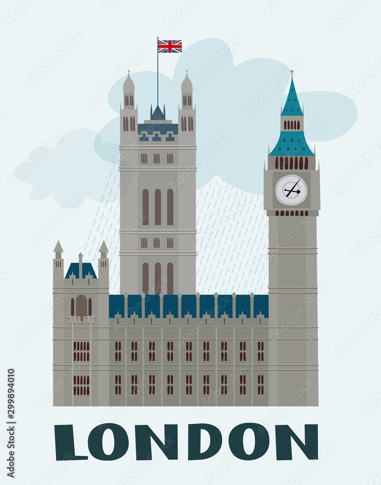 Elizabeth Tower in rainy London.Vector cartoon image. Stock Vector ...