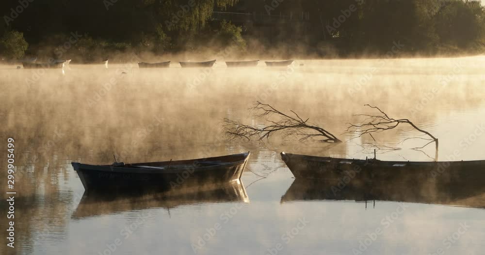 Golden foggy morning on a river, movement of mist over water surface ...