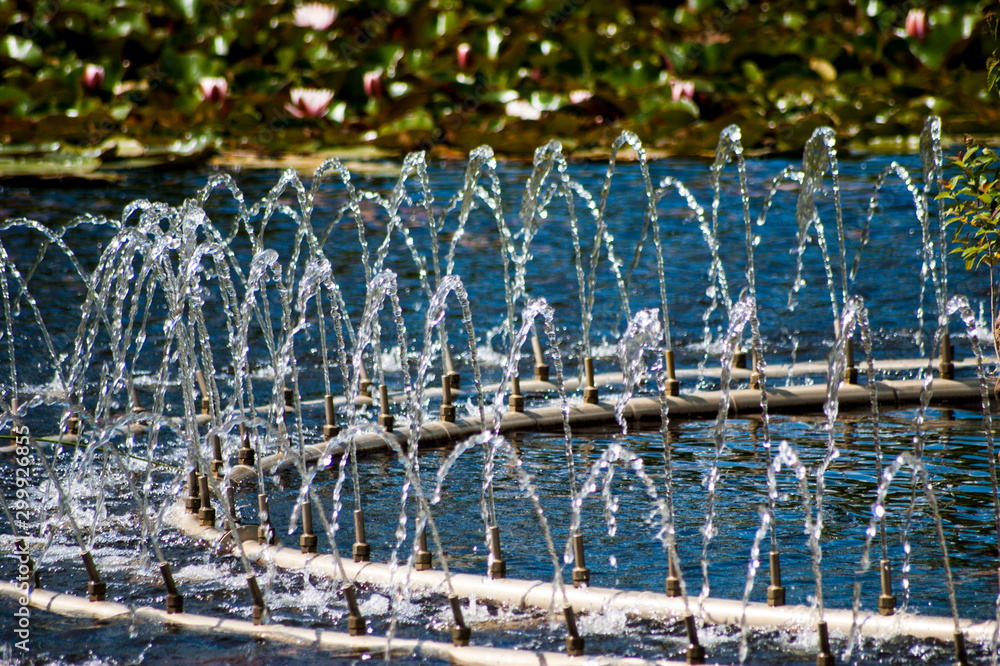 Water spring fountain ir park pond. Water sprays from metal nozzles ...