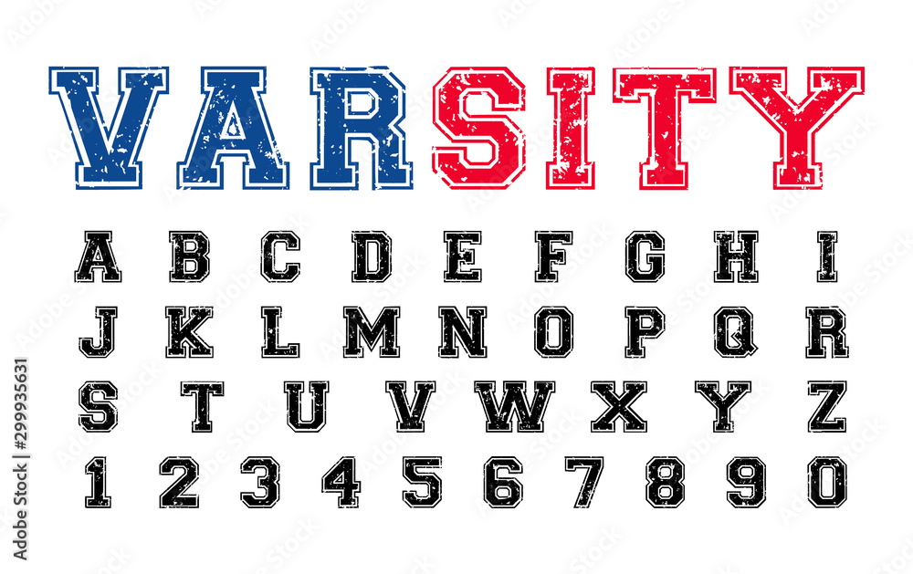 Varsity distressed font, college alphabet, sport font, letters and ...