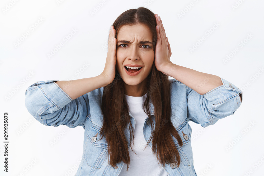 Bothered, distressed and panicking worried caucasian woman, standing ...