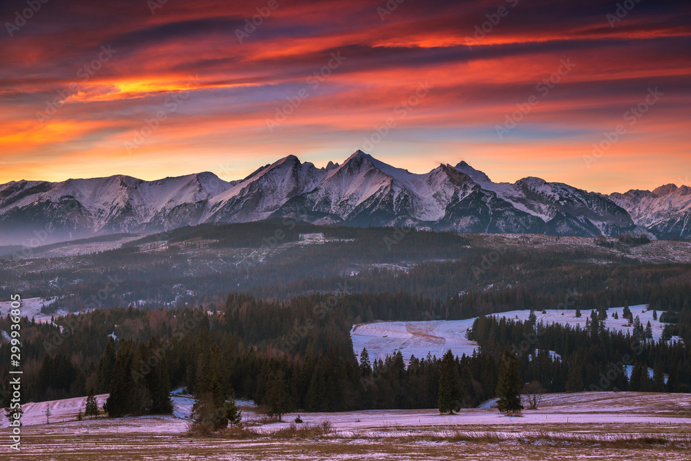 Tatra Mountains in winter wiev from Zakopane Poland in sunrise Stock ...