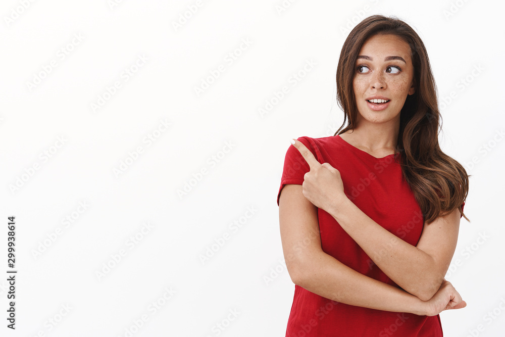 Curious young cute brunette girl asking question about unfamiliar ...