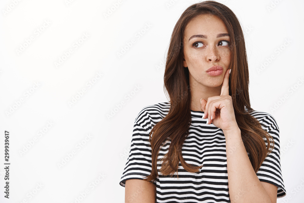 Hmm need think about it. Thoughtful attractive feminine woman with ...