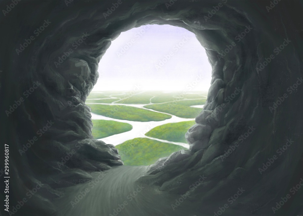 Surreal spiritual and freedom concept, Human head cave entrance with ...