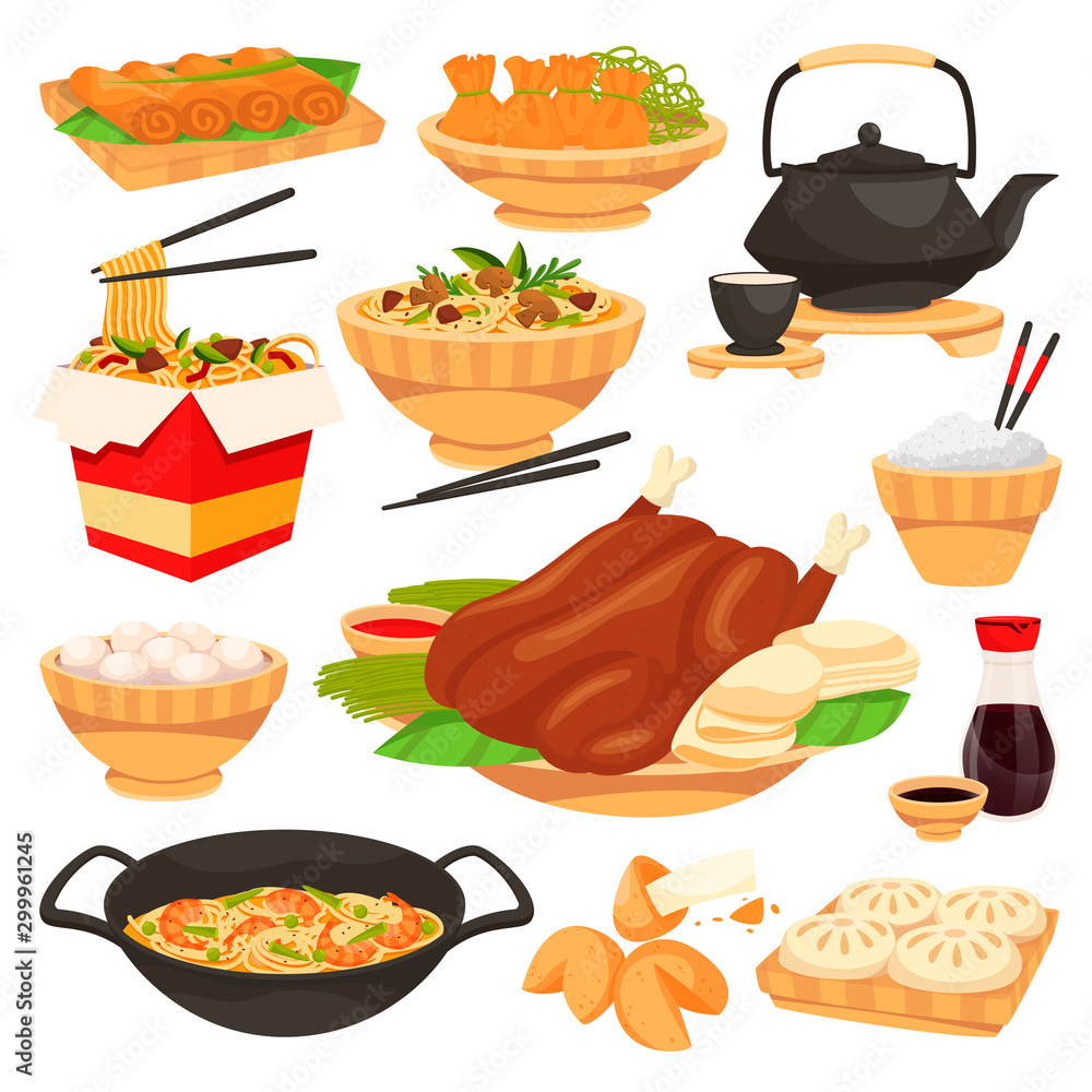 Chinese traditional holiday food dishes. Vector flat cartoon ...