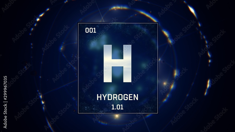 3D illustration of Hydrogen as Element 1 of the Periodic Table. Blue ...