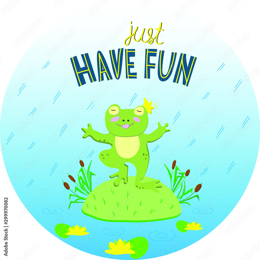 Cute green frog is dancing and having fun on the swamp hummock under a ...