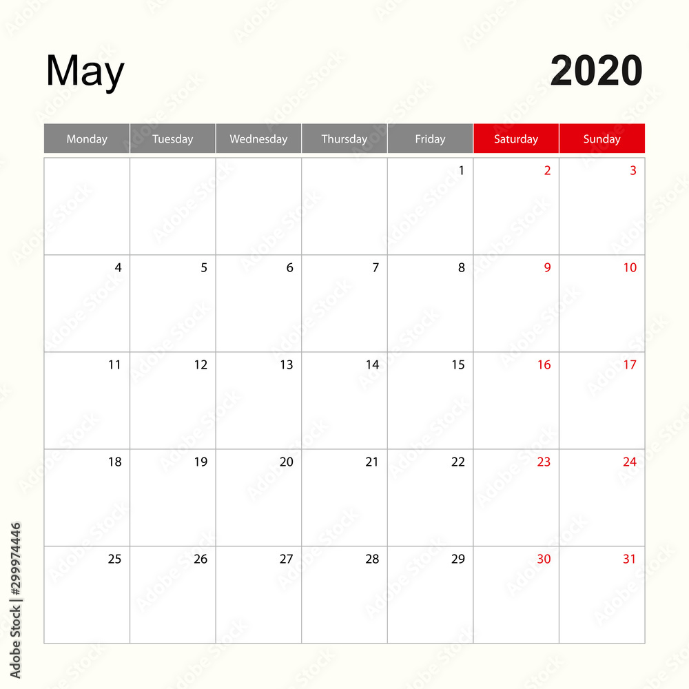 Wall calendar template for May 2020. Holiday and event planner, week ...