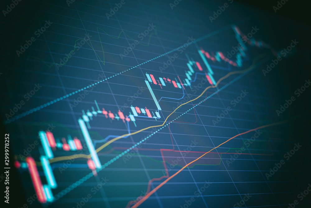 Closeup financial chart with uptrend line candlestick graph in stock ...