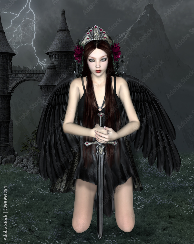 Thin fallen angel holding an antique sword in a stormy sky landscape ...