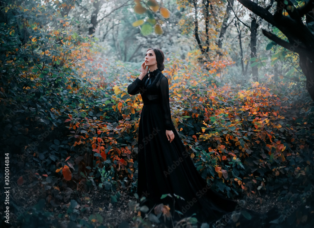 Beauty Gothic princess walks in autumn forest. Fantasy mystical dark ...