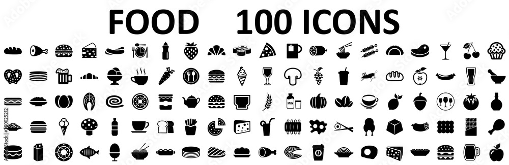Food set 100 icons for menu, infographics, design elements – stock ...
