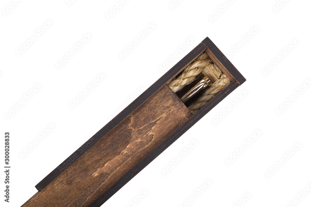 Beautiful wooden box with ballpoint pen inside on a white background ...