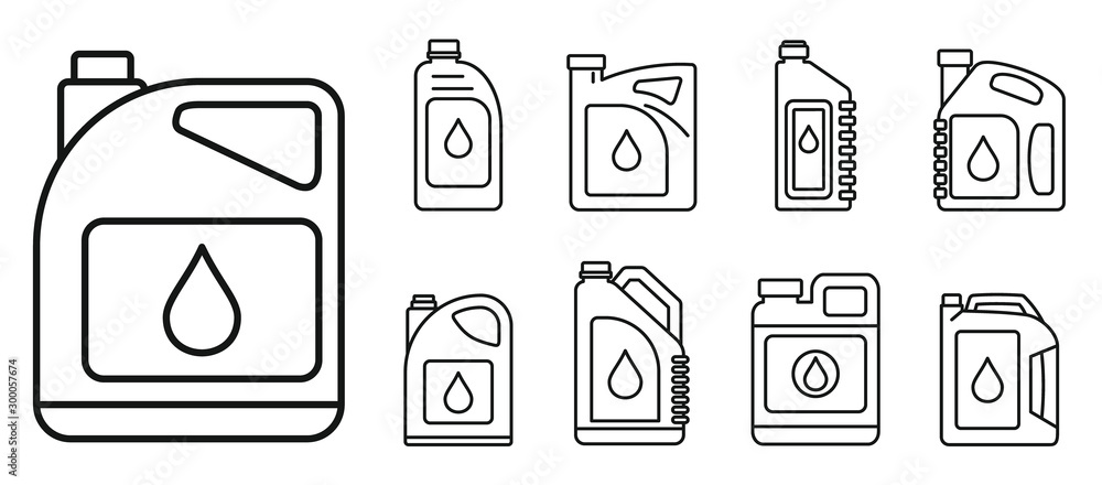 Modern motor oil icons set. Outline set of modern motor oil vector ...