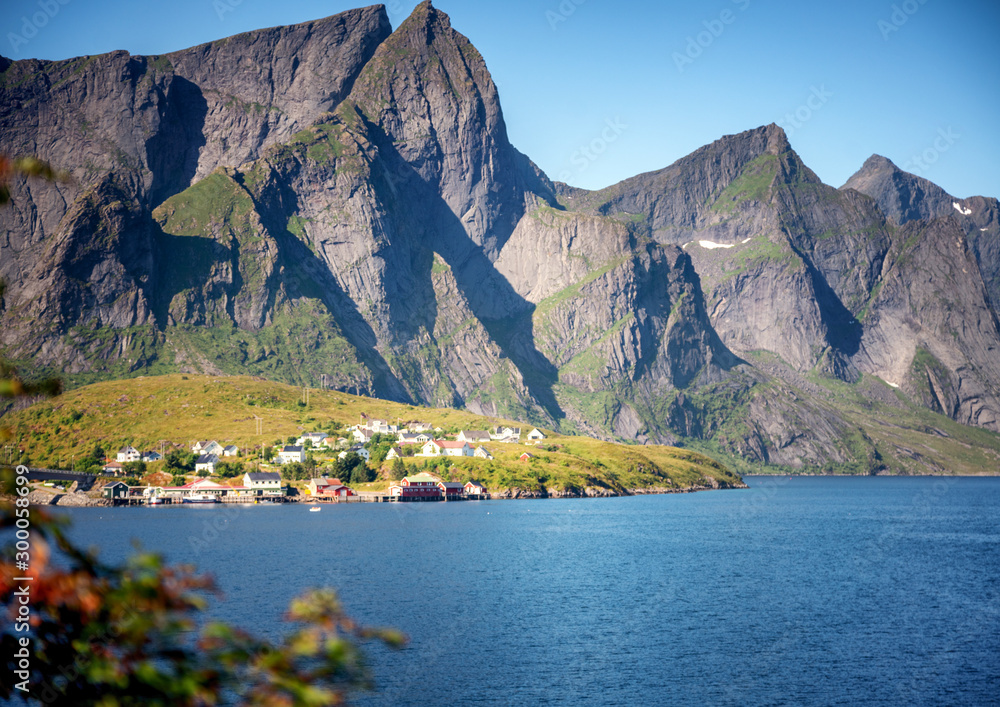 Beautiful northern landscape, Lofoten islands in Norway. Village at the ...