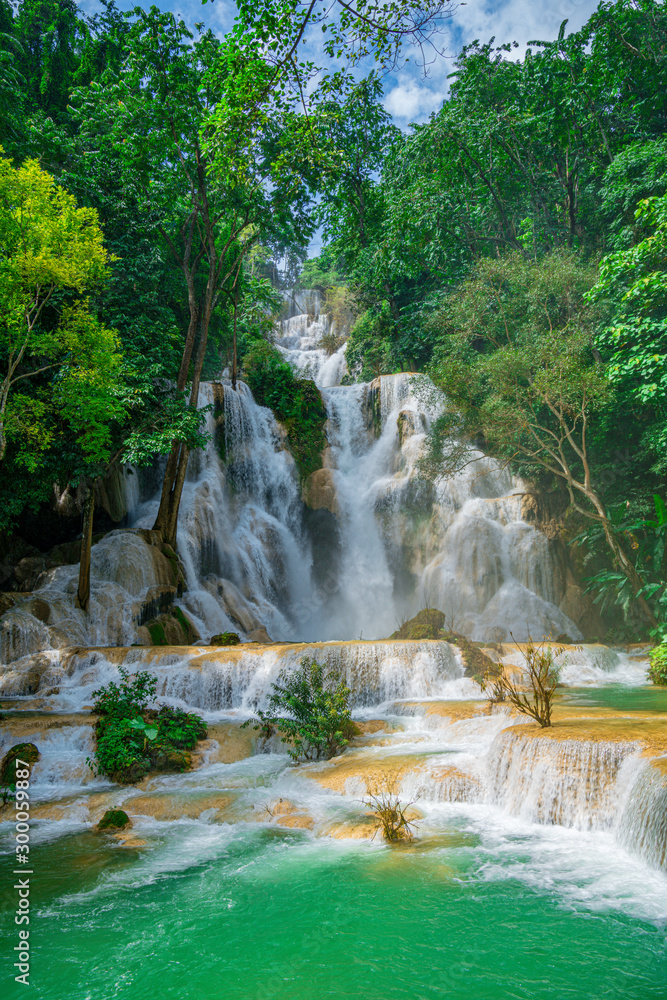Kuang Si waterfalls close to the popular town of Luang Prabang, on the ...