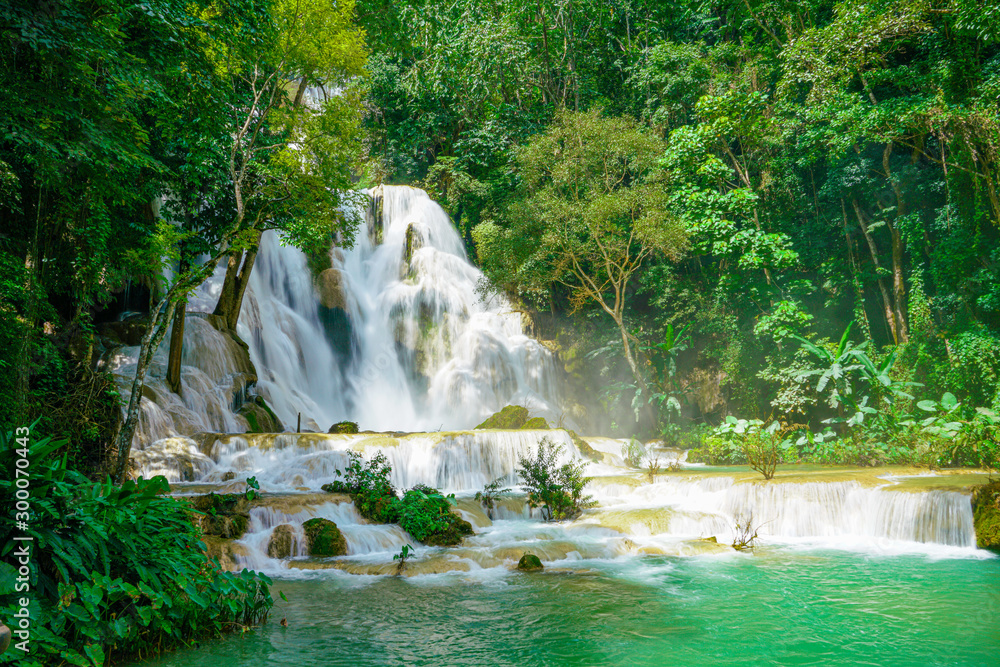 Kuang Si waterfalls close to the popular town of Luang Prabang, on the ...