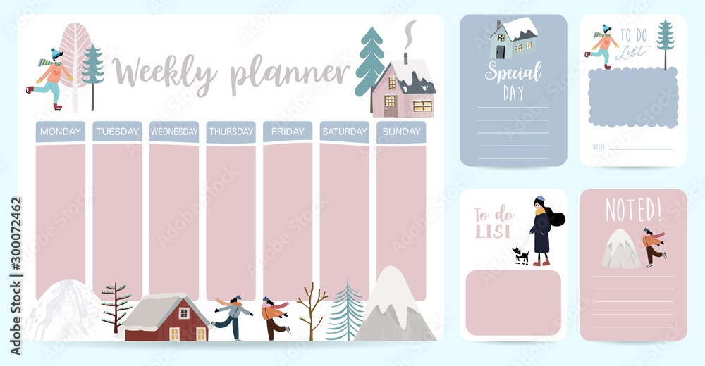 cute weekly planner background with house,snow,people,tree.Vector ...