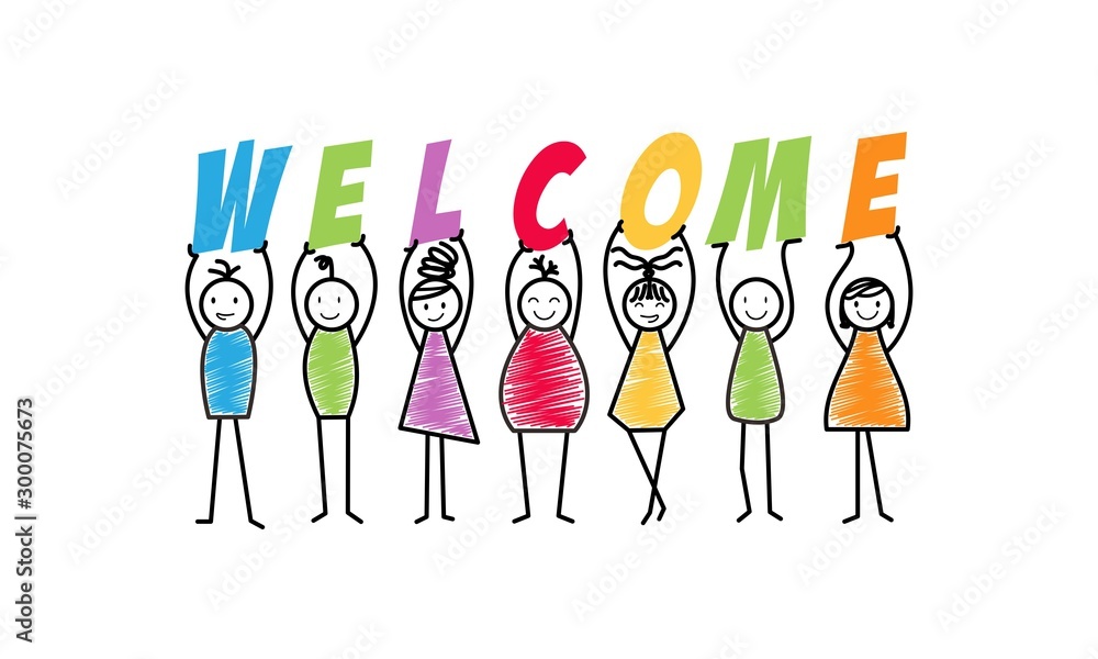 Vecteur Stock Welcome, stick figures holding colorful letters | Adobe Stock
