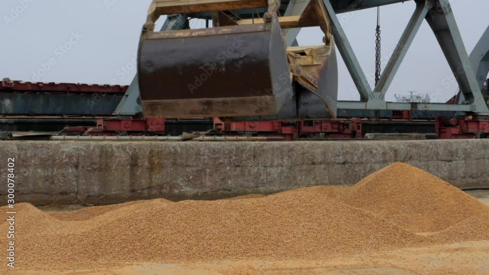 Grapple crane unloading and loading corn feed from truck in port ...