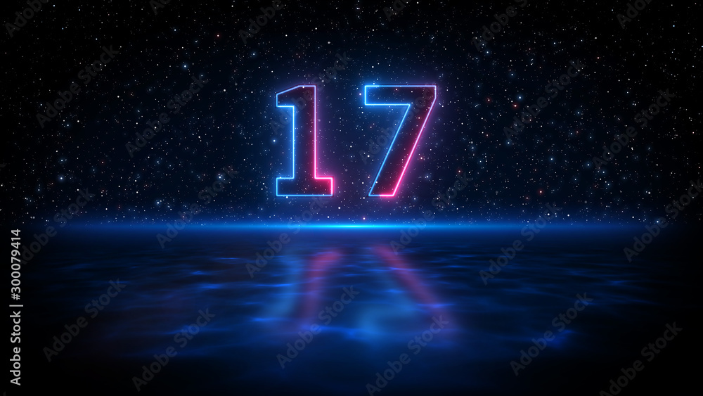 Number 17 Neon Light Style With Shadow On Blue Light Water Surface ...