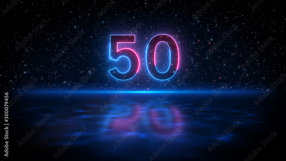 Number 50 Neon Light Style With Shadow On Blue Light Water Surface ...