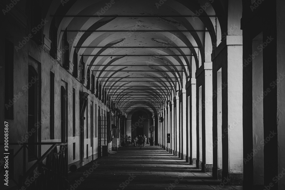 Pathway in arcade (porticos) gallery in Turin, Italy Stock Photo ...