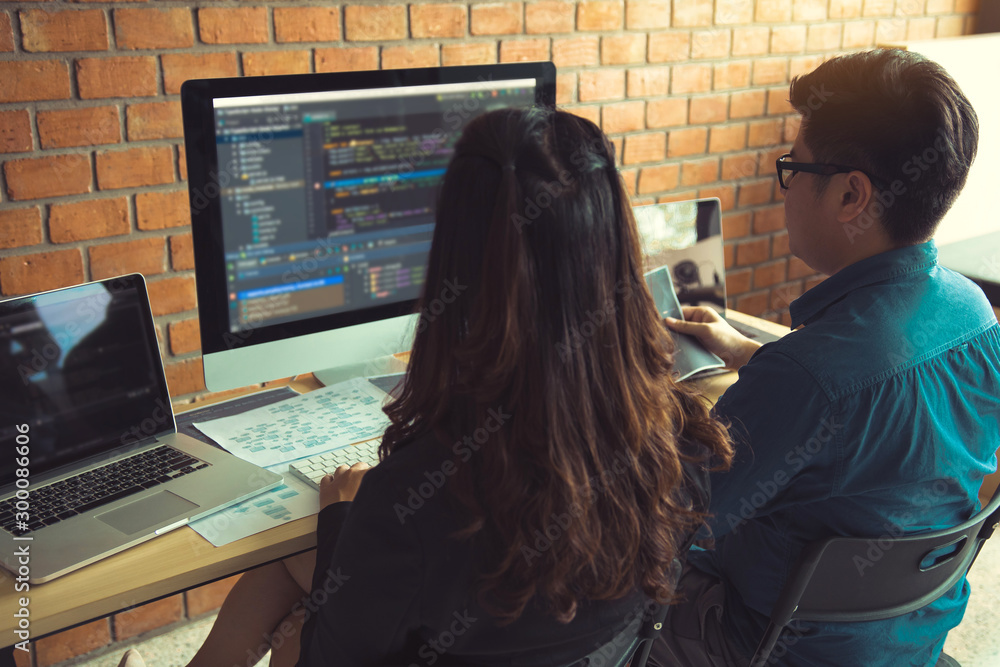 Two software developers are using computers to work together with their ...