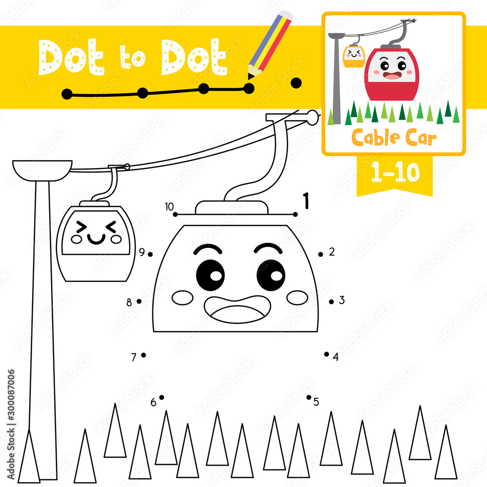 Dot to dot educational game and Coloring book Cable Car cartoon ...