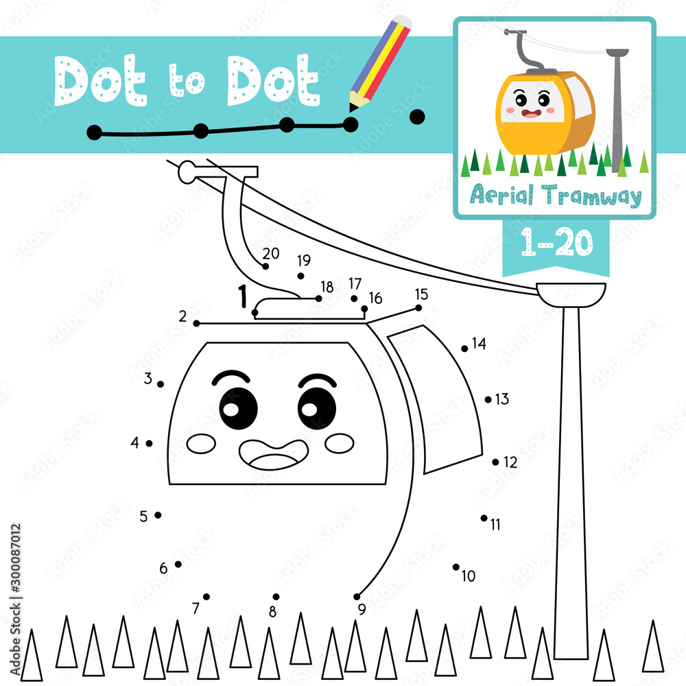 Dot to dot educational game and Coloring book Cable Car cartoon ...