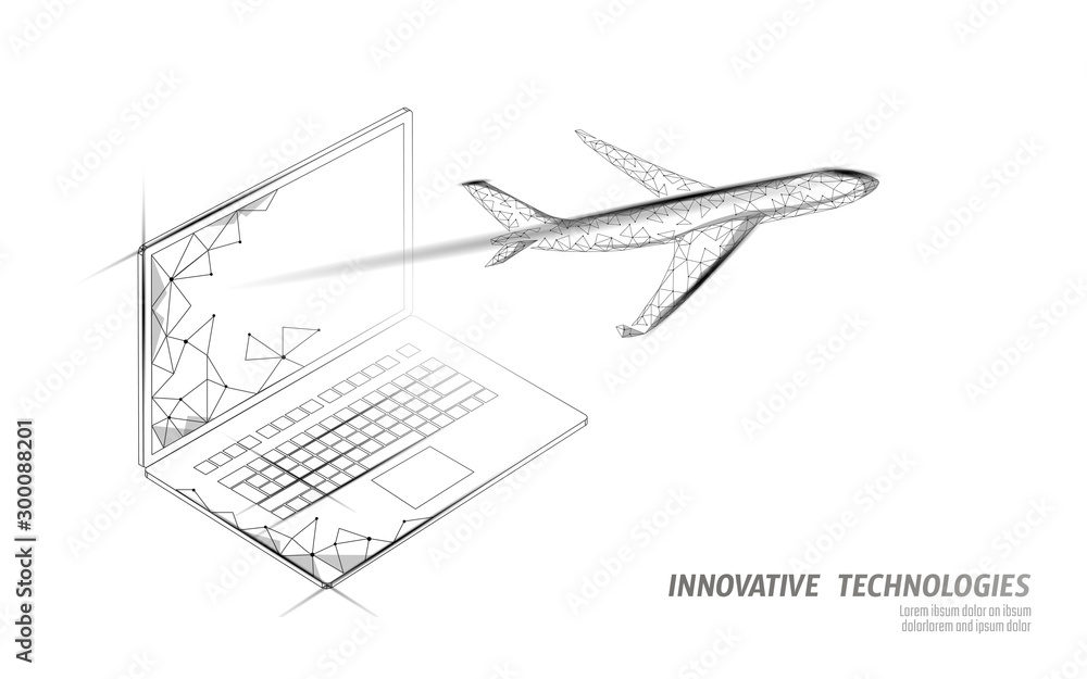 Airplane flying from laptop screen. Flight up tourism journey symbol ...
