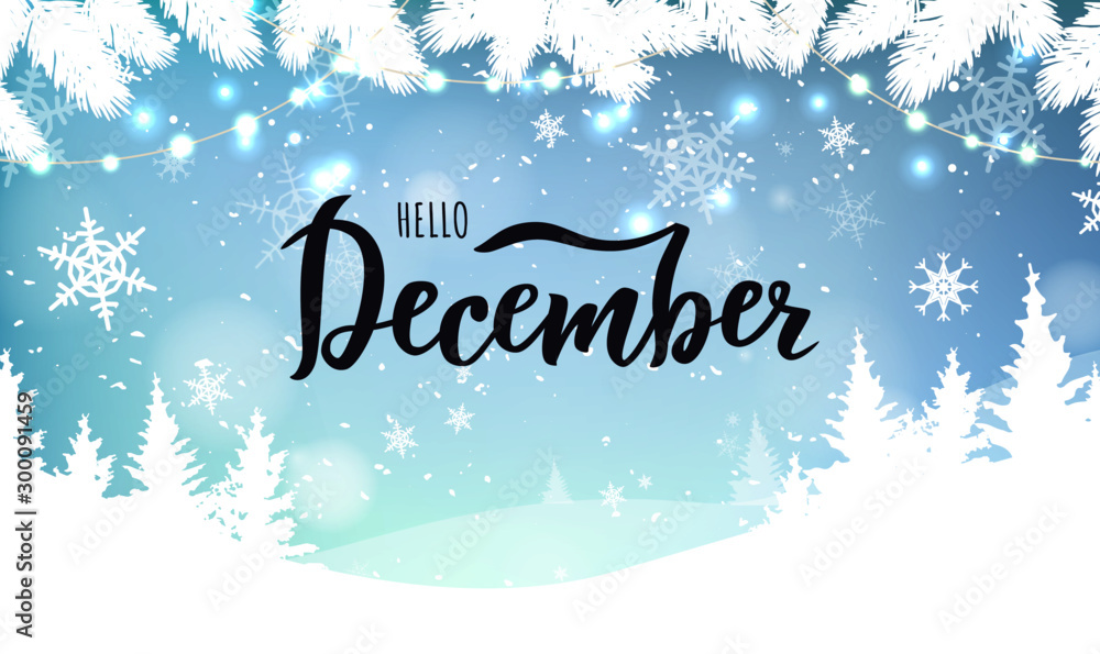 December word. Hand lettering typography with snowflakes. Vector ...