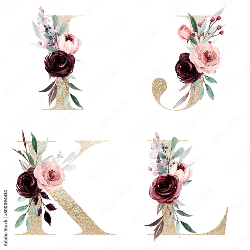 Floral gold alphabet, letters set with watercolor flowers roses and ...