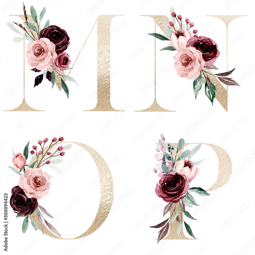 Floral gold alphabet, letters set with watercolor flowers roses and ...
