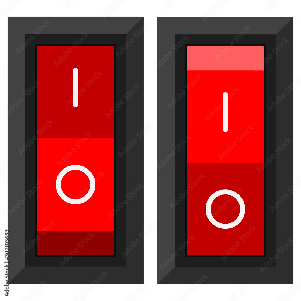 Red rectangular power toggle switches in on and off position set ...