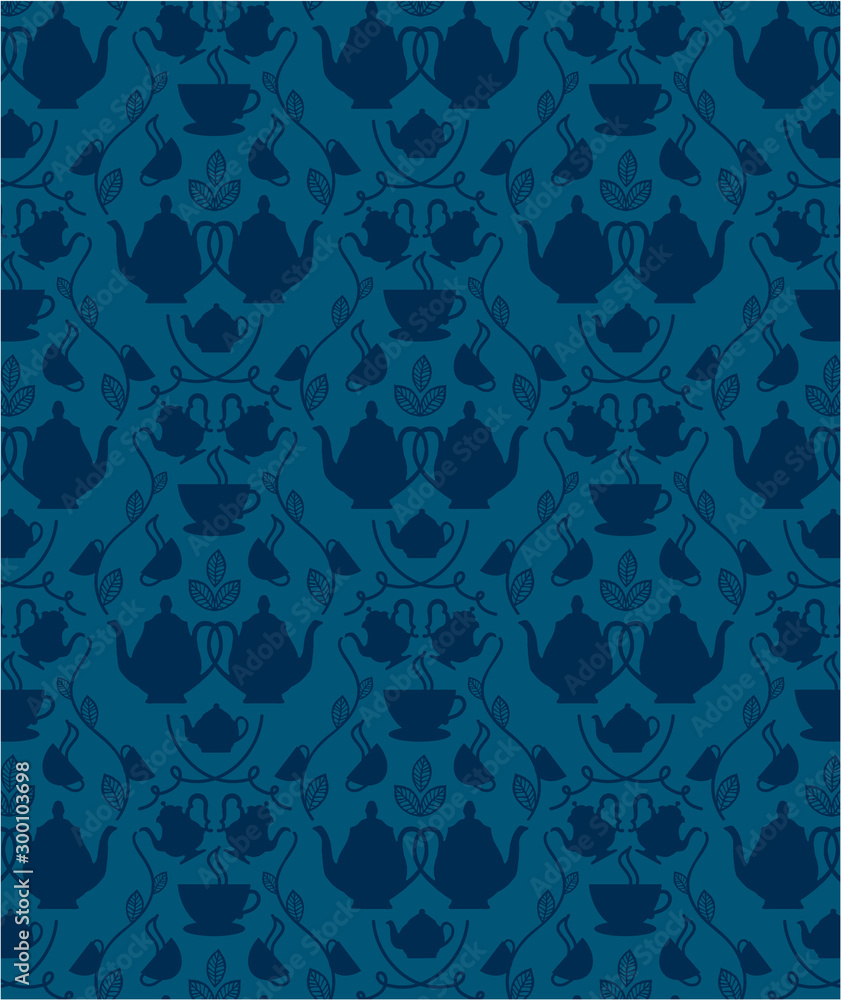 Tea pattern background. Teapot and cup seamless blue and gold ornament ...
