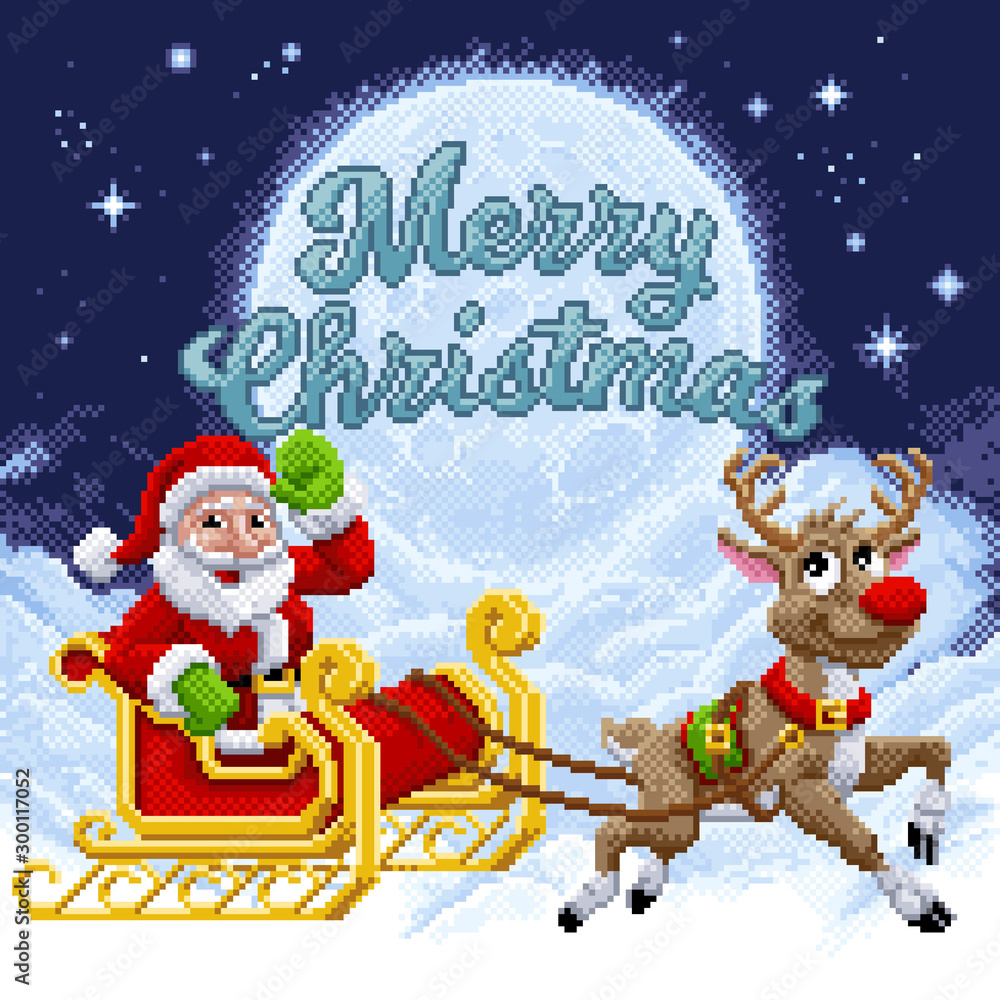 Santa Claus and his reindeer sleigh scene with merry Christmas message ...