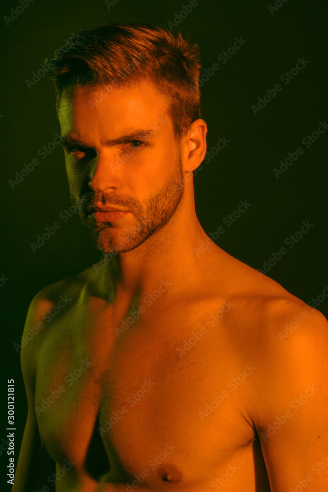 Strong stripped muscle male model in black underwear on black isolated ...