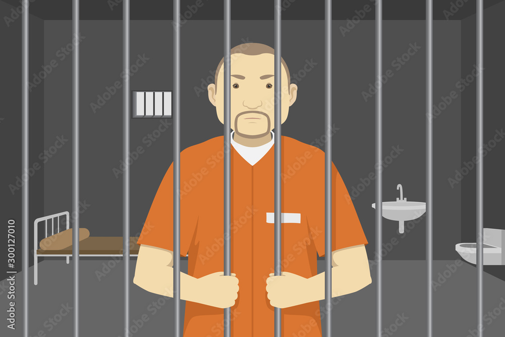 Convict in orange jumpsuit standing in prison cell. Vector illustration ...