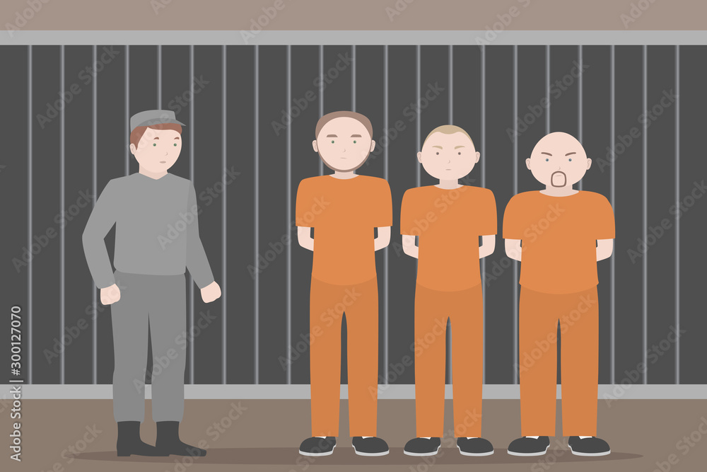 Prison officer and prisoners in orange jumpsuits. Vector illustration ...