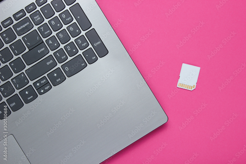 Laptop and SD memory card on pink paper background. Modern gadgets. Top ...