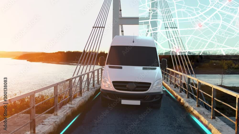 Autonomous Electric Van semi truck car driving on a highway with ...