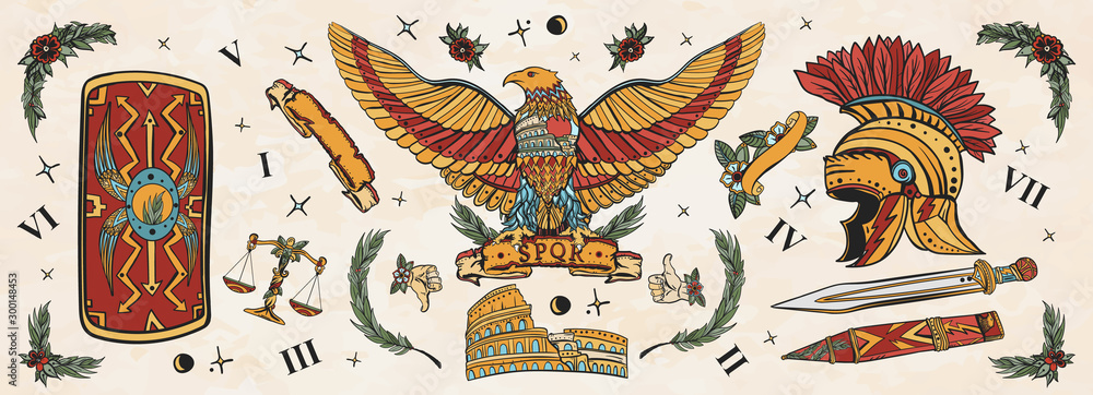 Ancient Rome. Old school tattoo collection. Roman eagle, spartan helmet ...