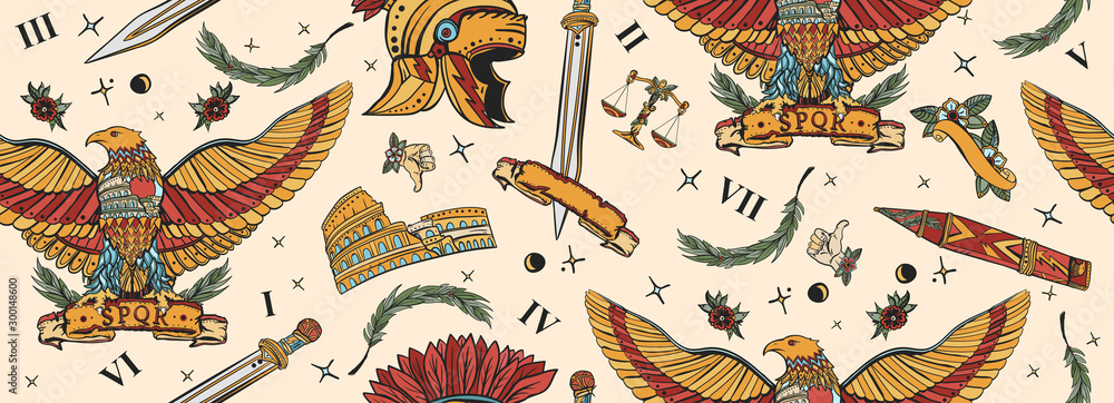 Ancient Rome seamless pattern. Old school tattoo style. Roman eagle ...