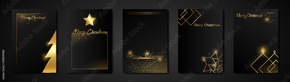 Merry Christmas gold template set with holiday tree and xmas elements ...