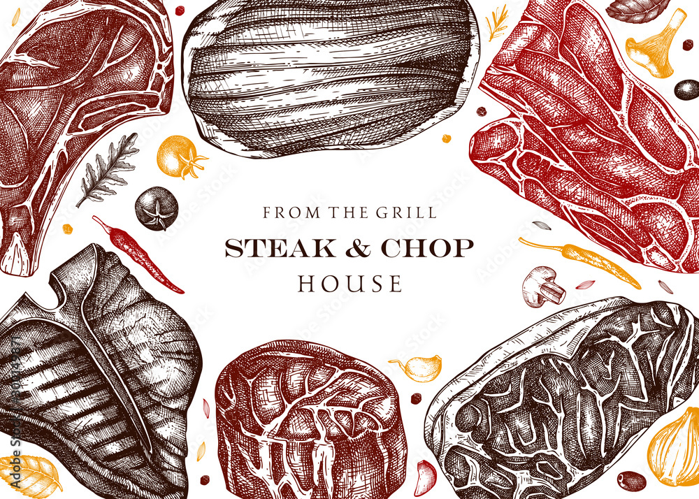 Raw beef steaks vector menu template. Meat top view frame. Hand drawn ...