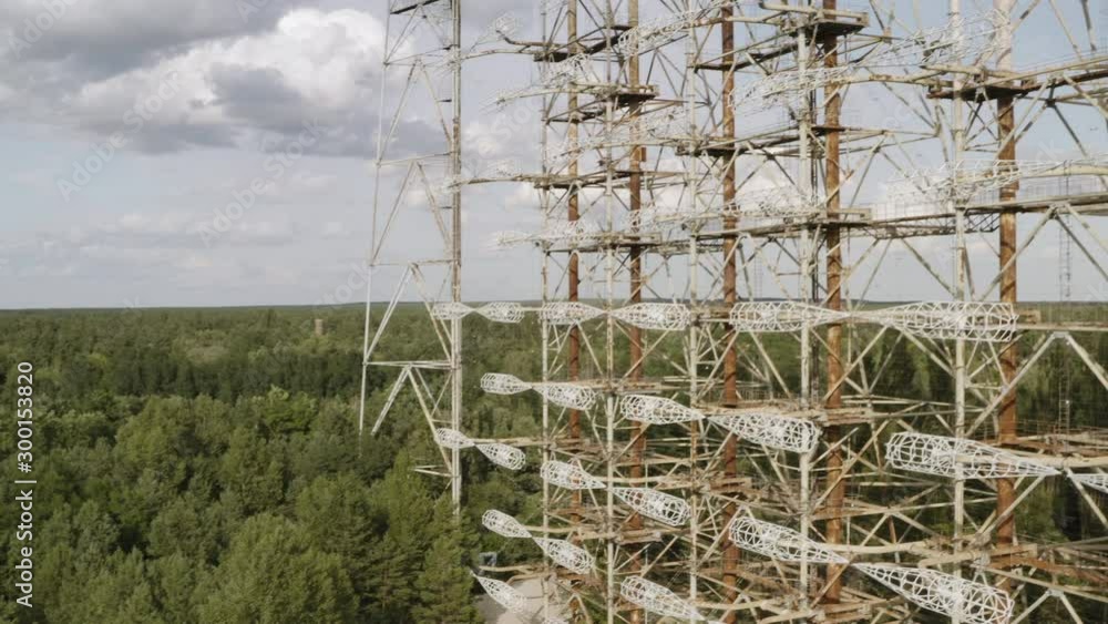 Aerial pedestal shot up the rusted steel remains of Chernobyl Duga ...